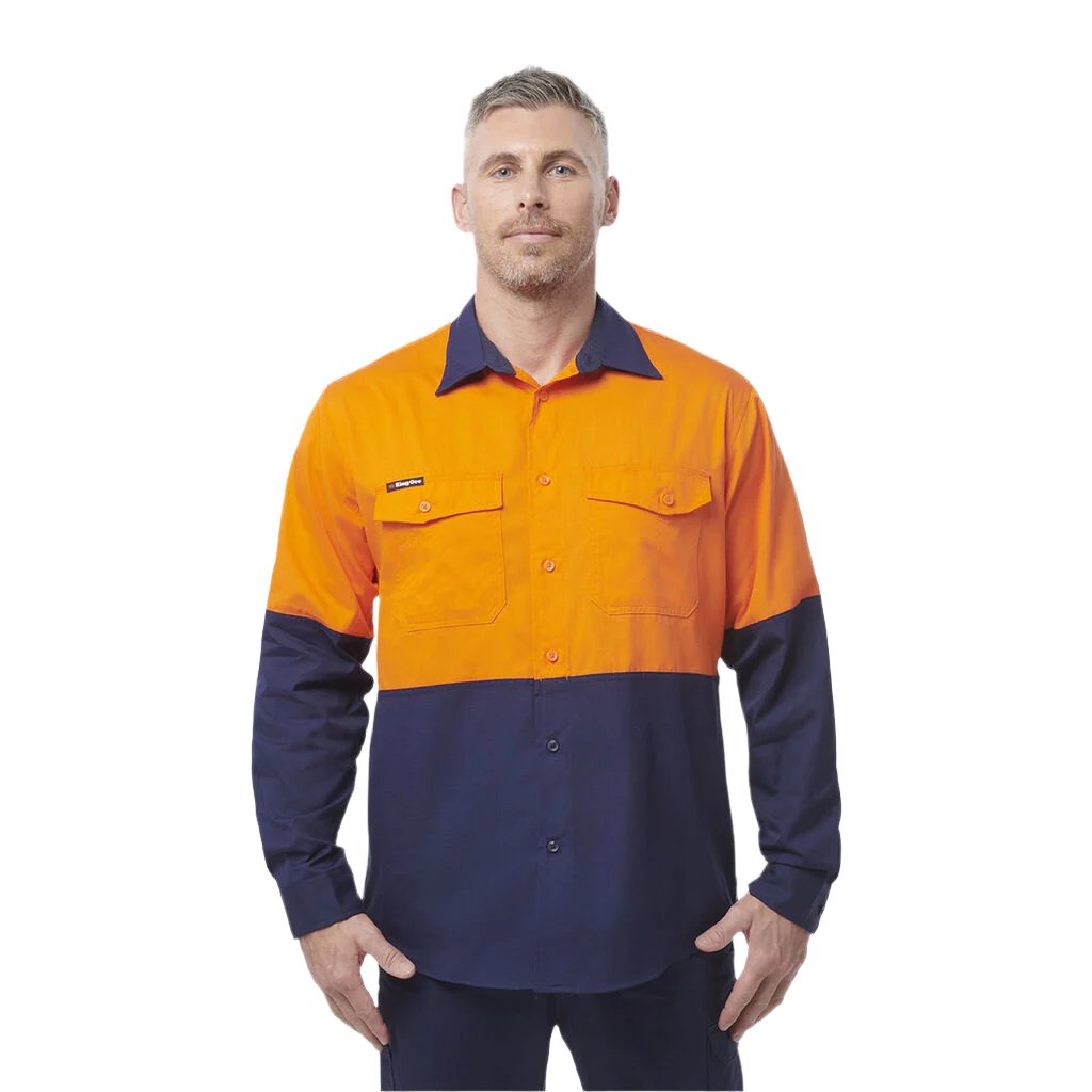King Gee Workcool 2 Hi-Vis Two Tone Long Sleeve Drill Work Shirt (K548 – Indigo Workwear